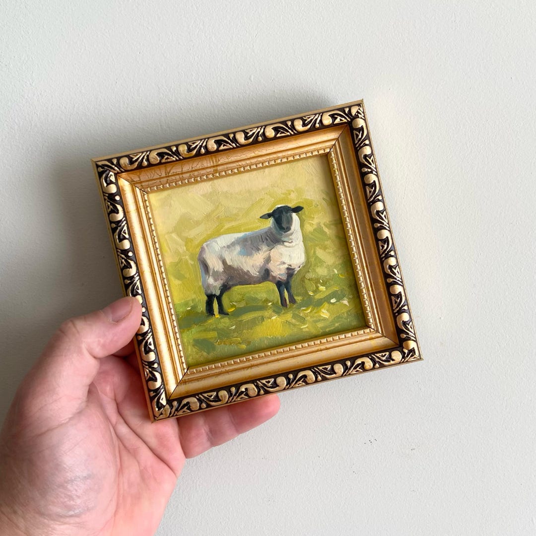 Small Sheep Oil Painting: Framed Rustic Animal Art (4x4) - Etsy