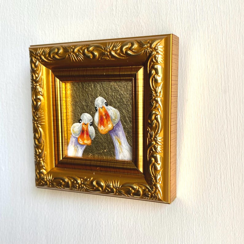 Hand-painted Goose Oil Painting With Gold Leaf, Miniature Framed ...