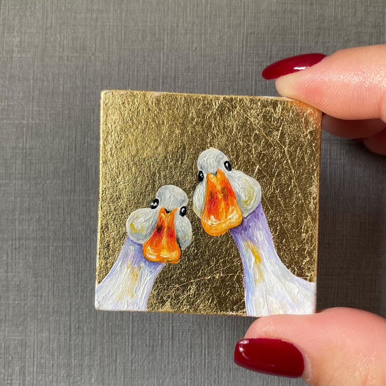 Hand-painted Goose Oil Painting With Gold Leaf, Miniature Framed ...
