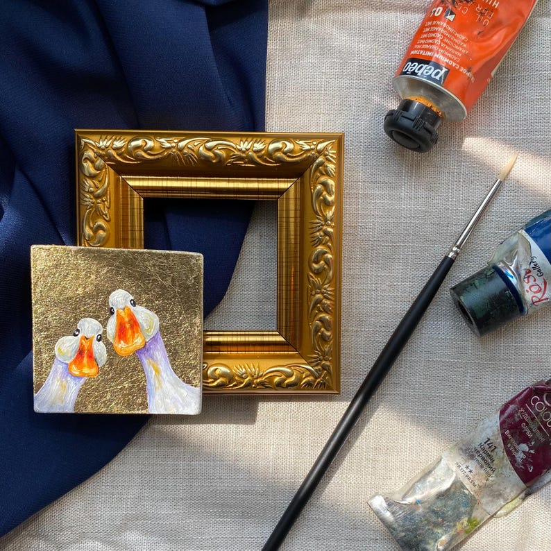 Hand-painted Goose Oil Painting With Gold Leaf, Miniature Framed ...