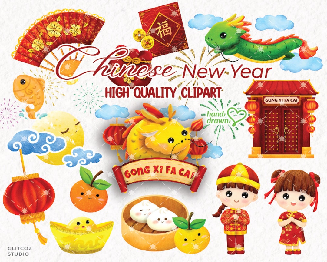 Chinese New Year Clipart Set Hand Drawn Digital Watercolor Textured ...