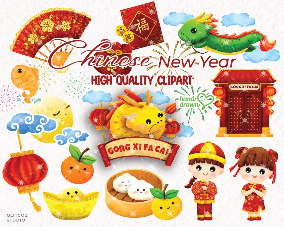 Chinese New Year Clipart Set Hand Drawn Digital Watercolor Textured ...