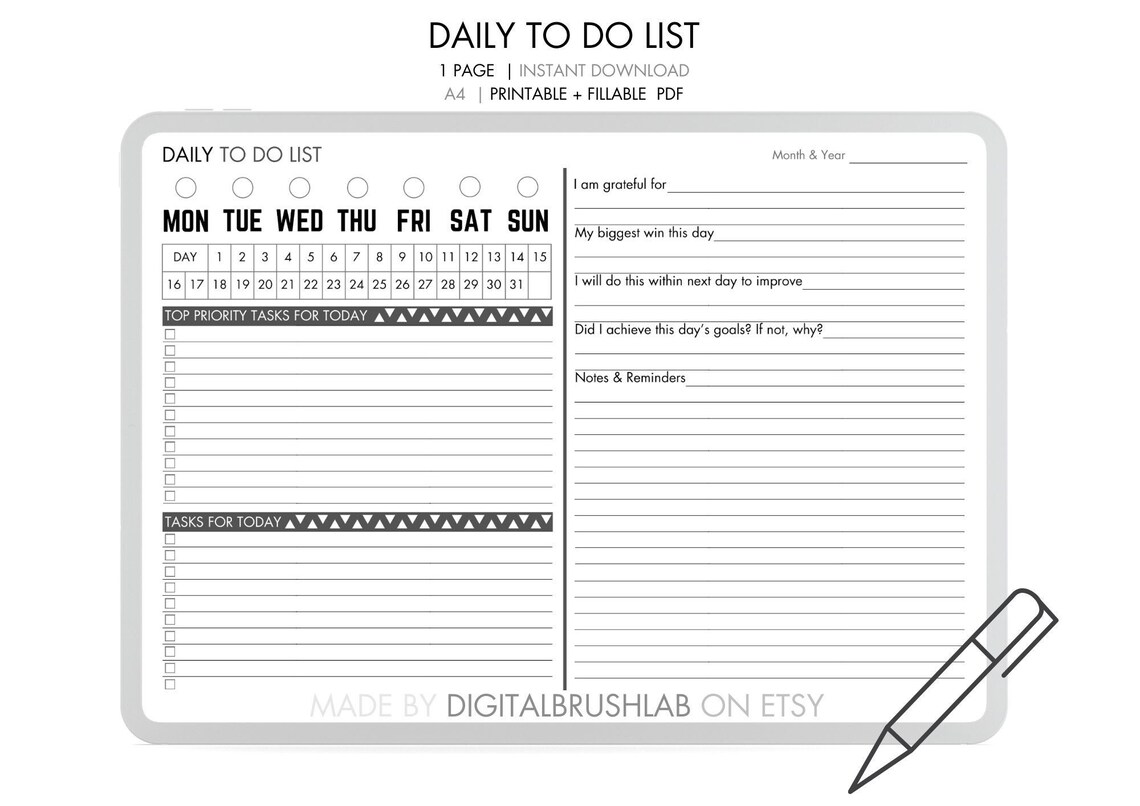 Printable Daily to Do List, Fillable Daily to Do List, Daily Organizer ...