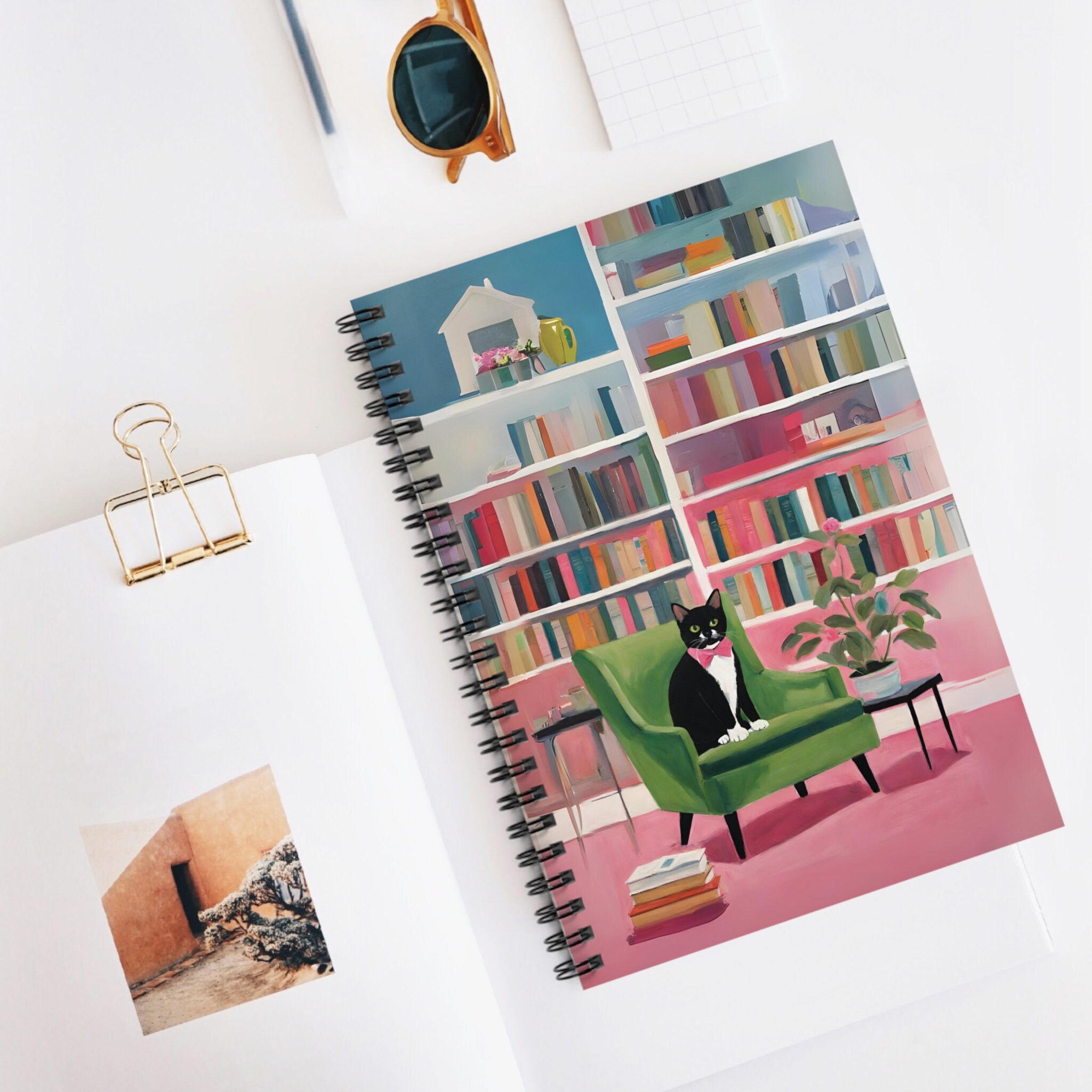 Bookish Tuxedo Cat Mid-century Modern Library Pink Green Notebook, Gift ...