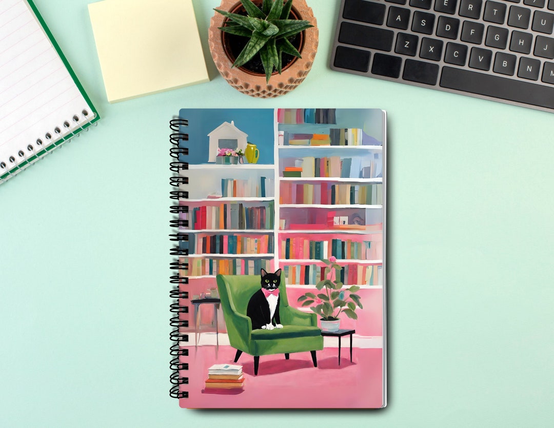 Bookish Tuxedo Cat Mid-century Modern Library Pink Green Notebook, Gift ...