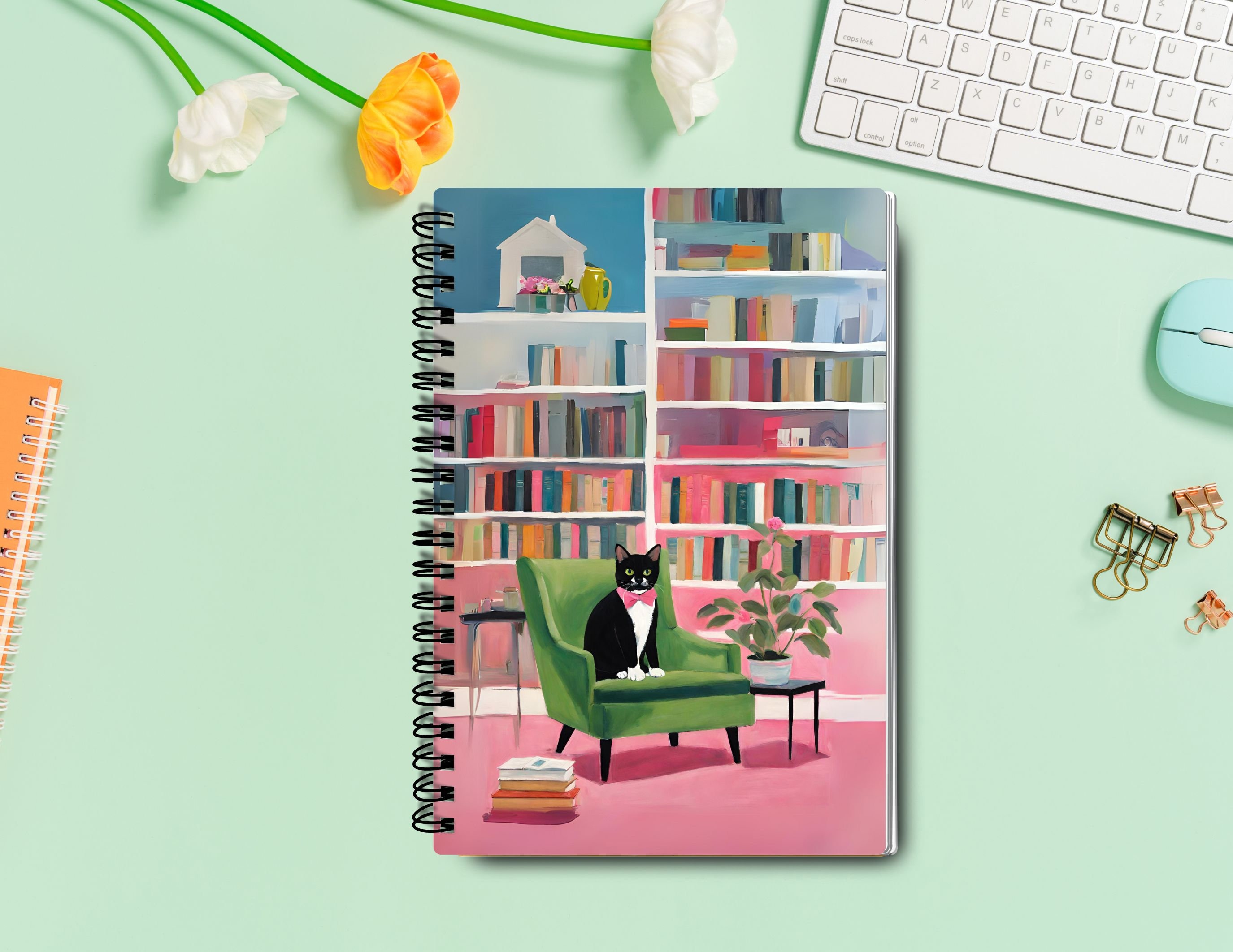 Bookish Tuxedo Cat Mid-century Modern Library Pink Green Notebook, Gift ...