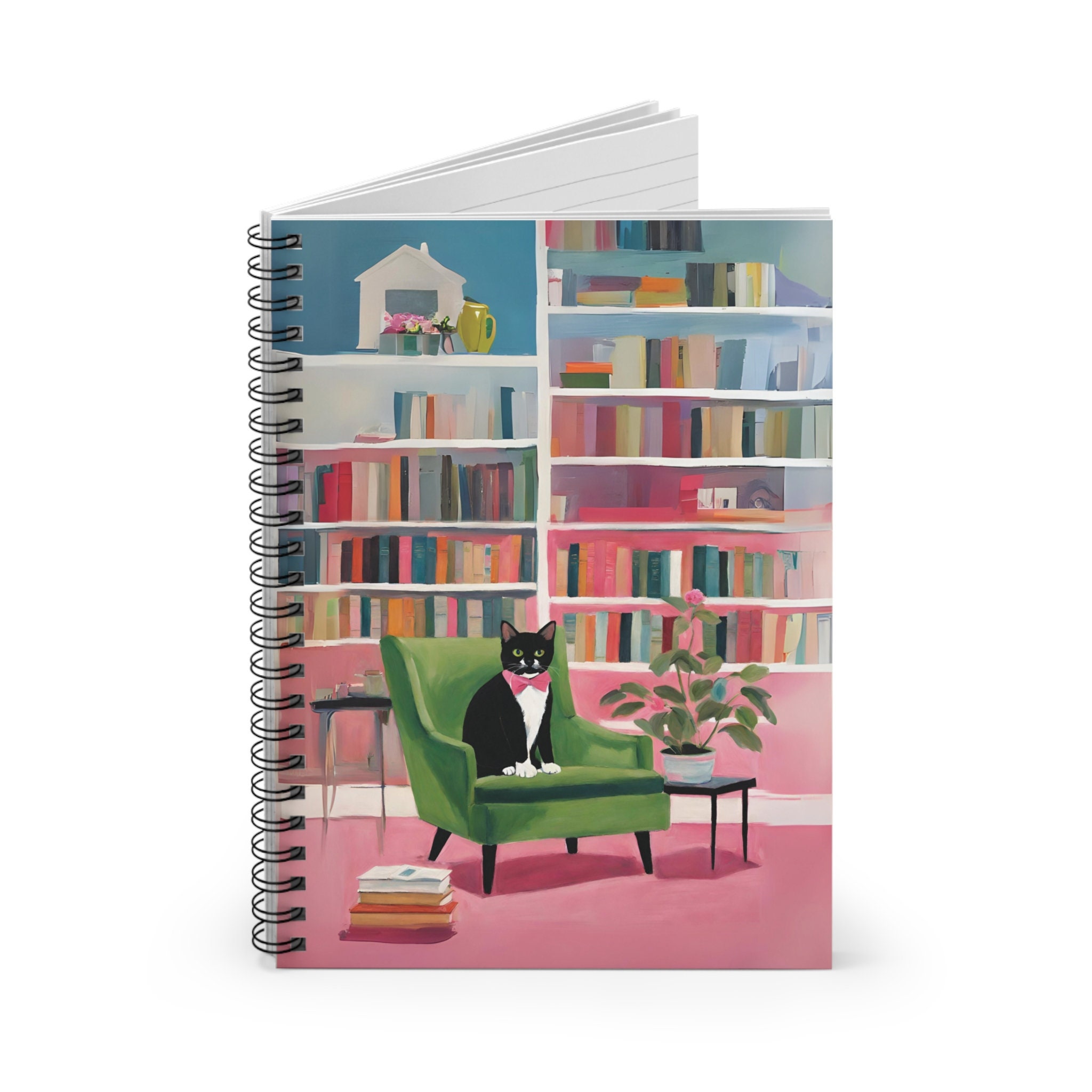 Bookish Tuxedo Cat Mid-century Modern Library Pink Green Notebook, Gift ...