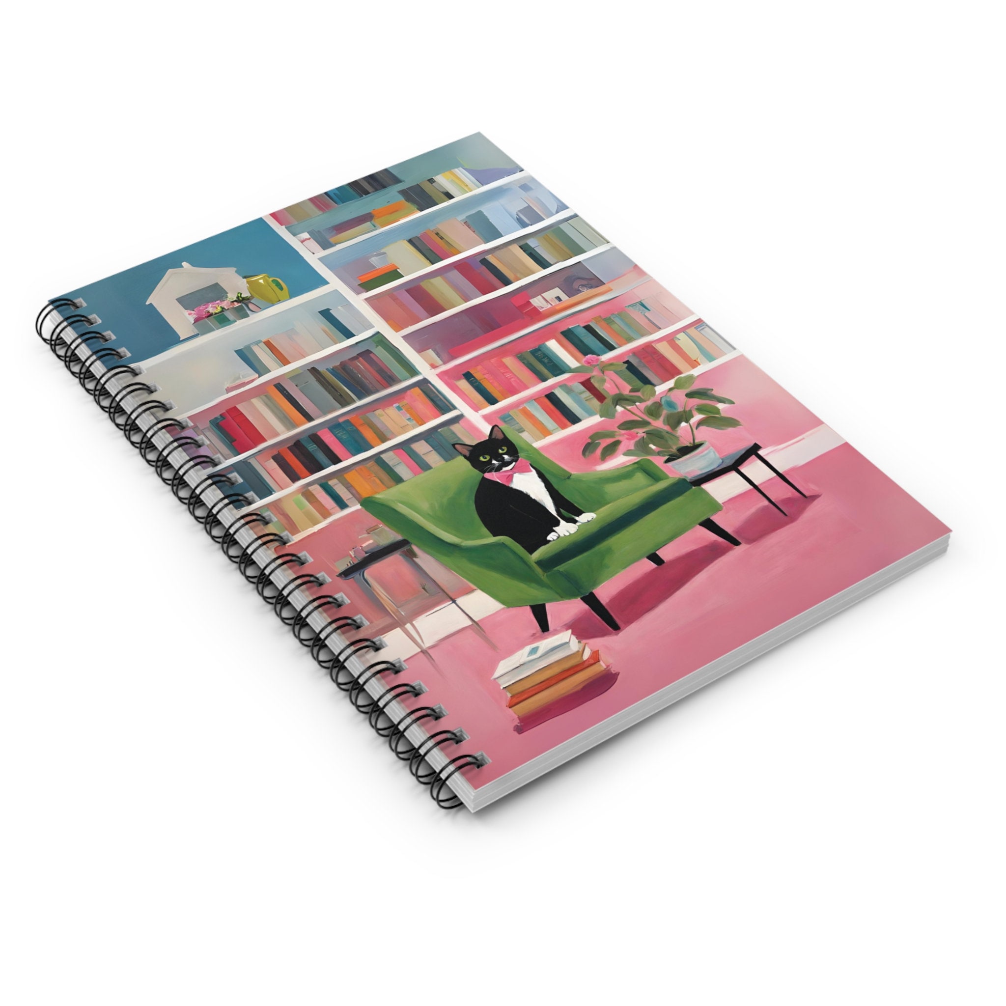Bookish Tuxedo Cat Mid-century Modern Library Pink Green Notebook, Gift ...