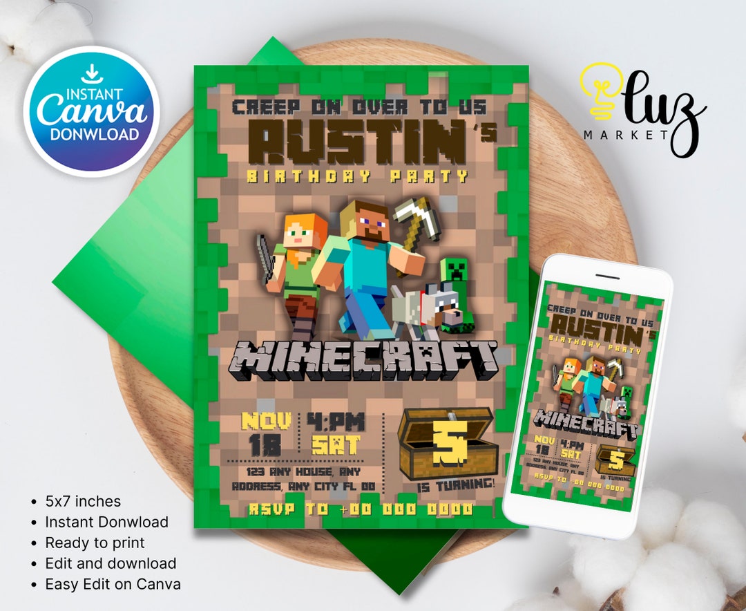 Invitación de cumpleaños de Minecraft / Invitación editable de ...