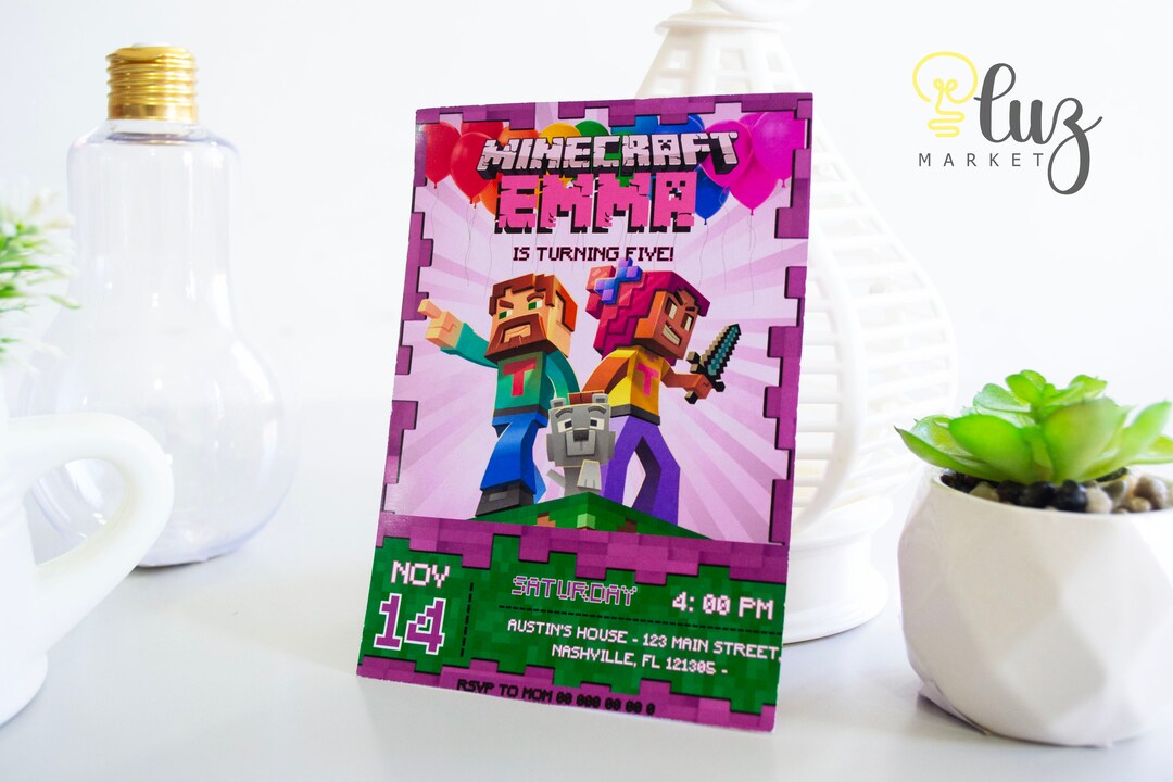 Minecraft Girl Birthday Invitation Editable Minecrafter Girl Invitation ...