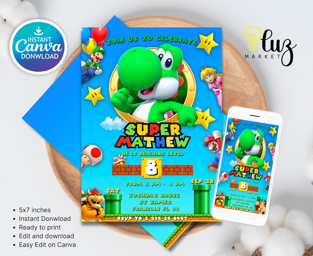 Yoshi Birthday Boy Invite | Yoshi Birthday Invitation | Yoshi Birthday ...