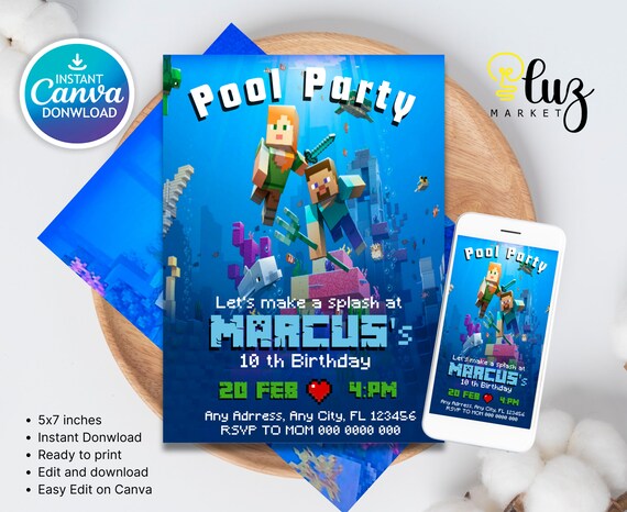 Minecraft Blank Invitations Pool Party Minecrafter Birthday