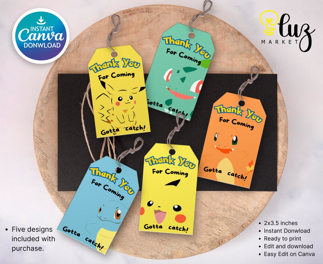 INSTANT DOWNLOAD Digital Pokemon Pikachu Thank You Favor Tags, Birthday ...