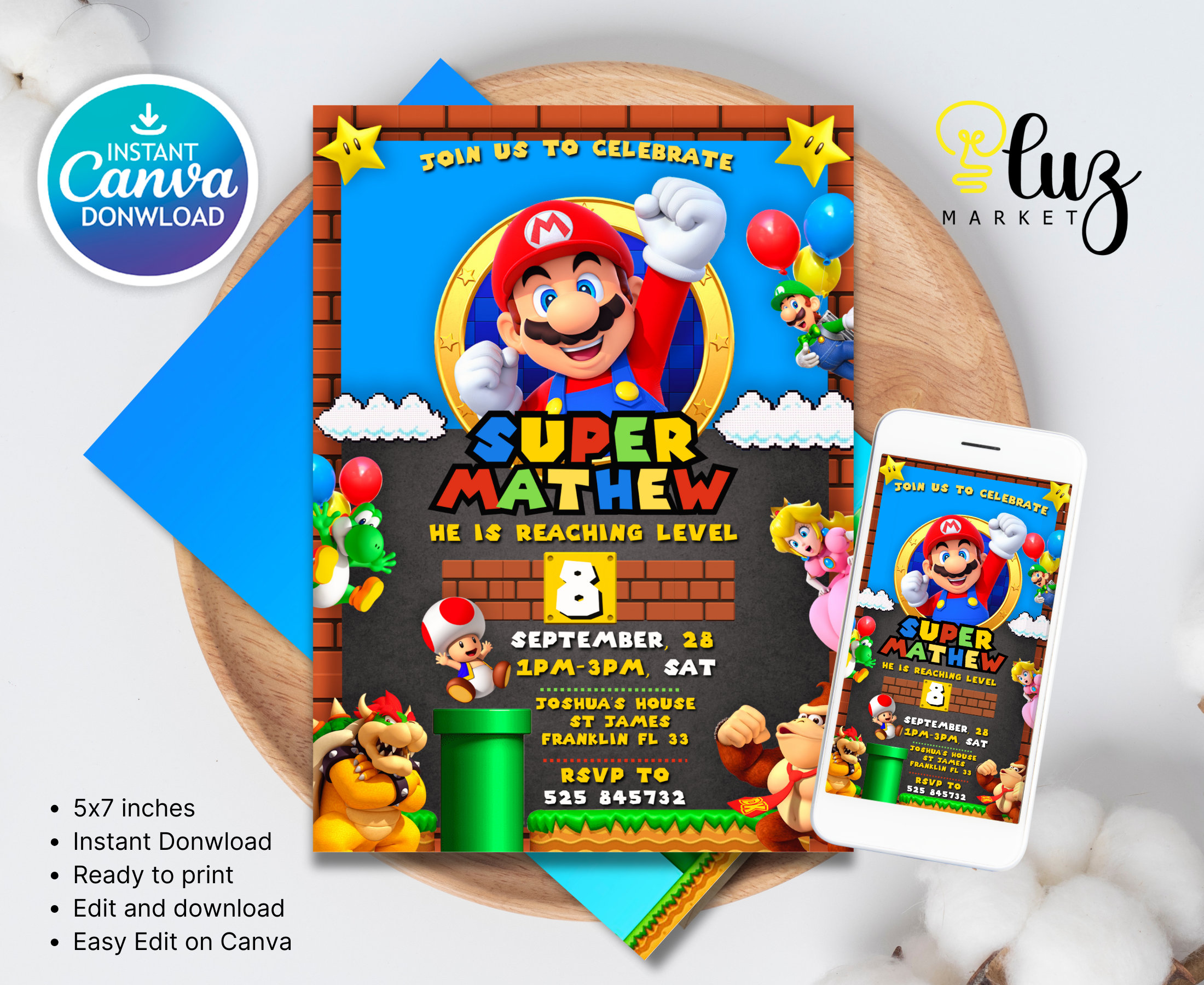 Mario Bros Birthday Boy Invite Mario Birthday Invitation Mario Birthday ...
