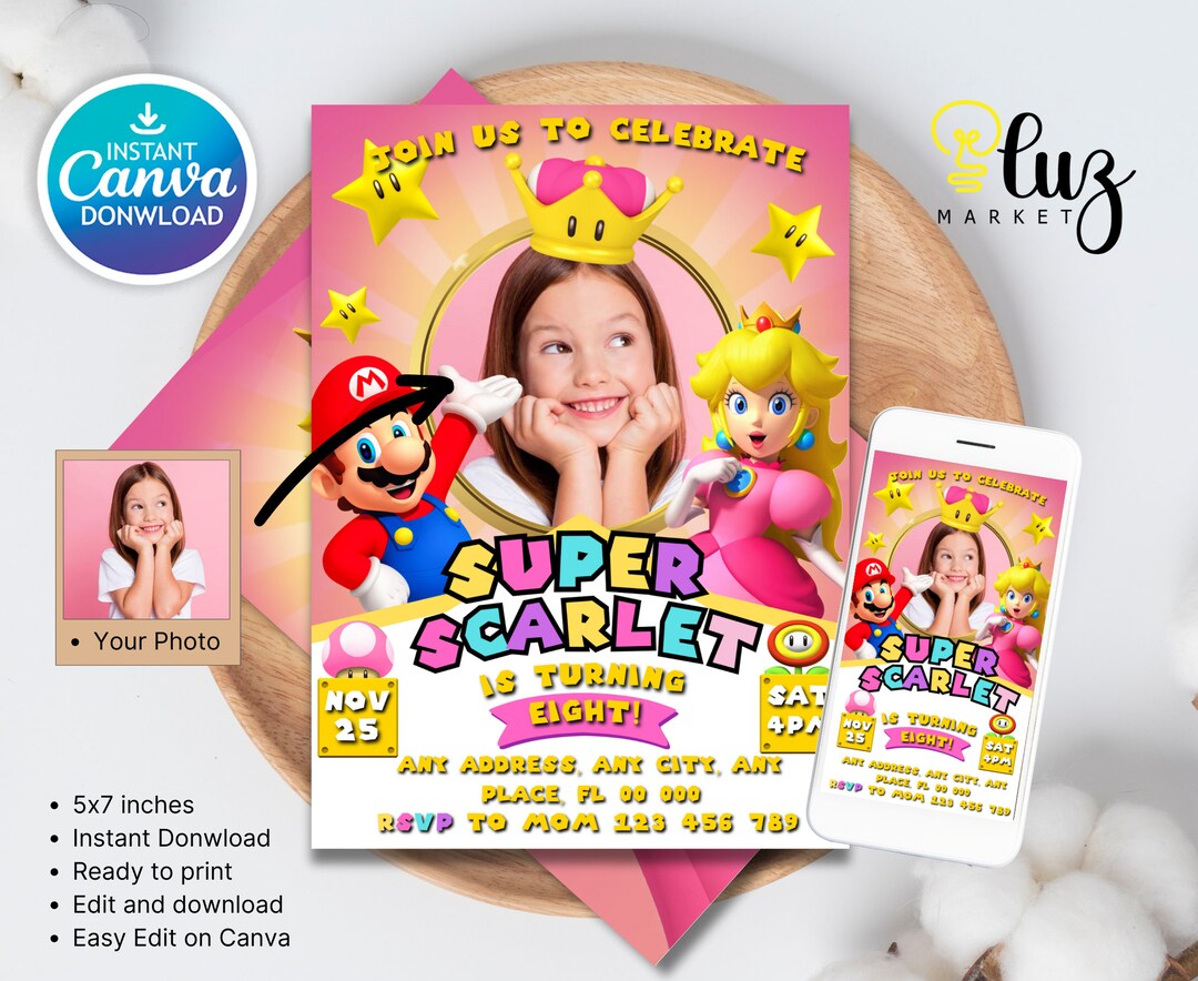 Invitación de la princesa Peach Super Mario Princess Birthday Invitar ...