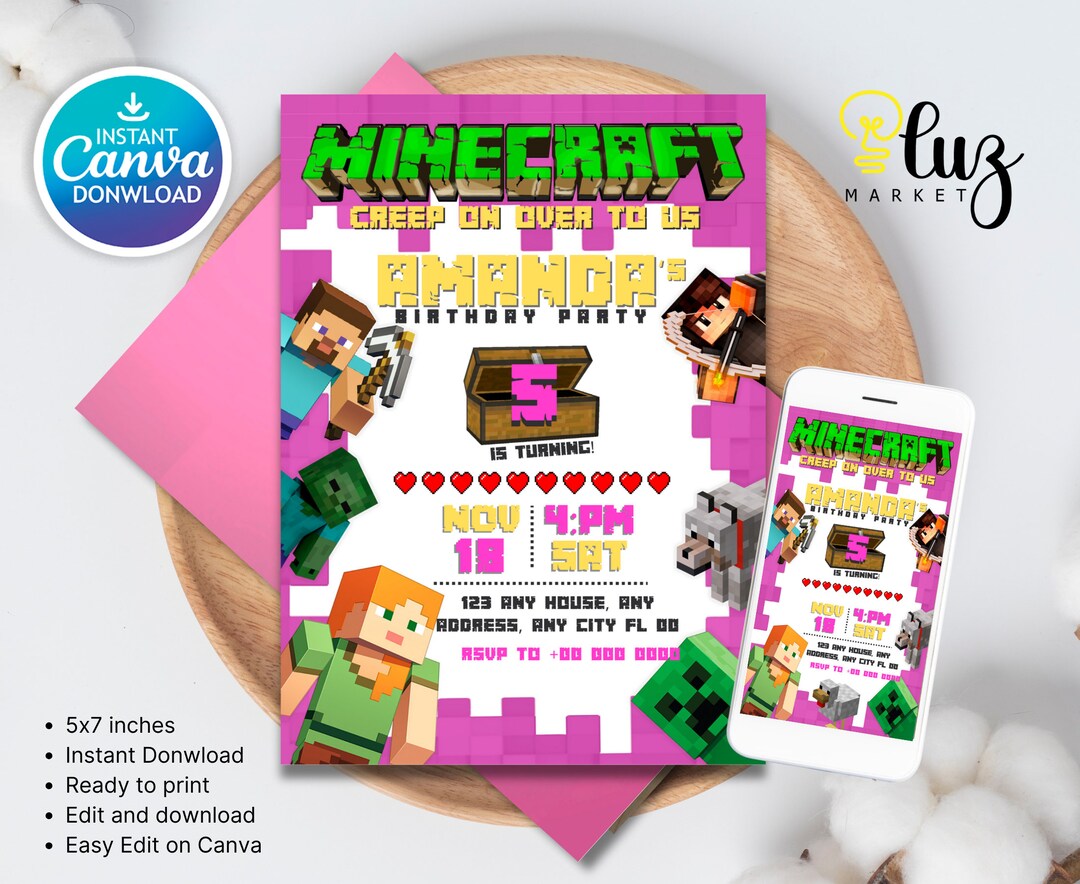Minecraft Girl Birthday Invitation Editable Minecrafter Girl Invitation ...