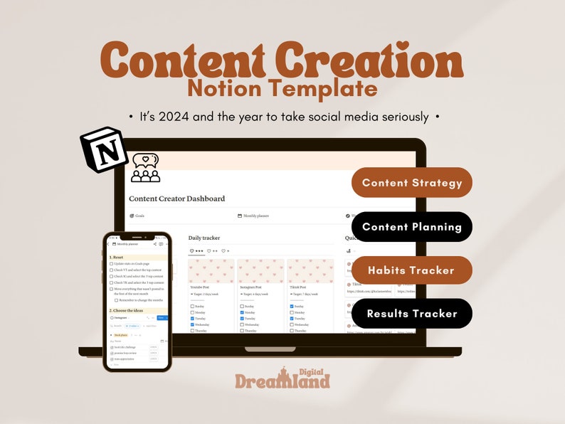 Content Creation 2024 Notion Dashboard, Social Media Content Planner, Aesthetic Notion Template ...