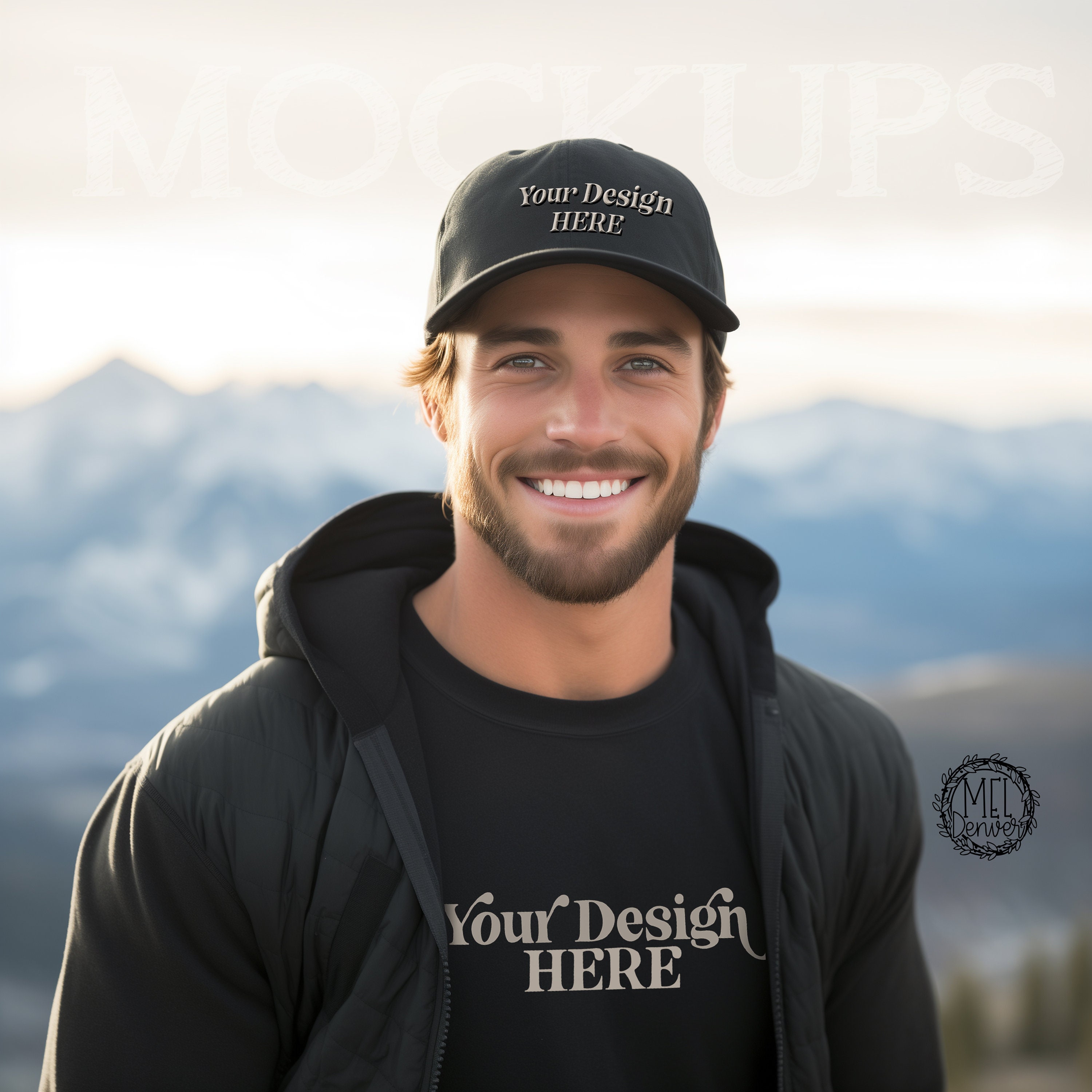 Male Black Ball Cap Hat Mockup / Man Facing the Camera, Man in T-shirt ...