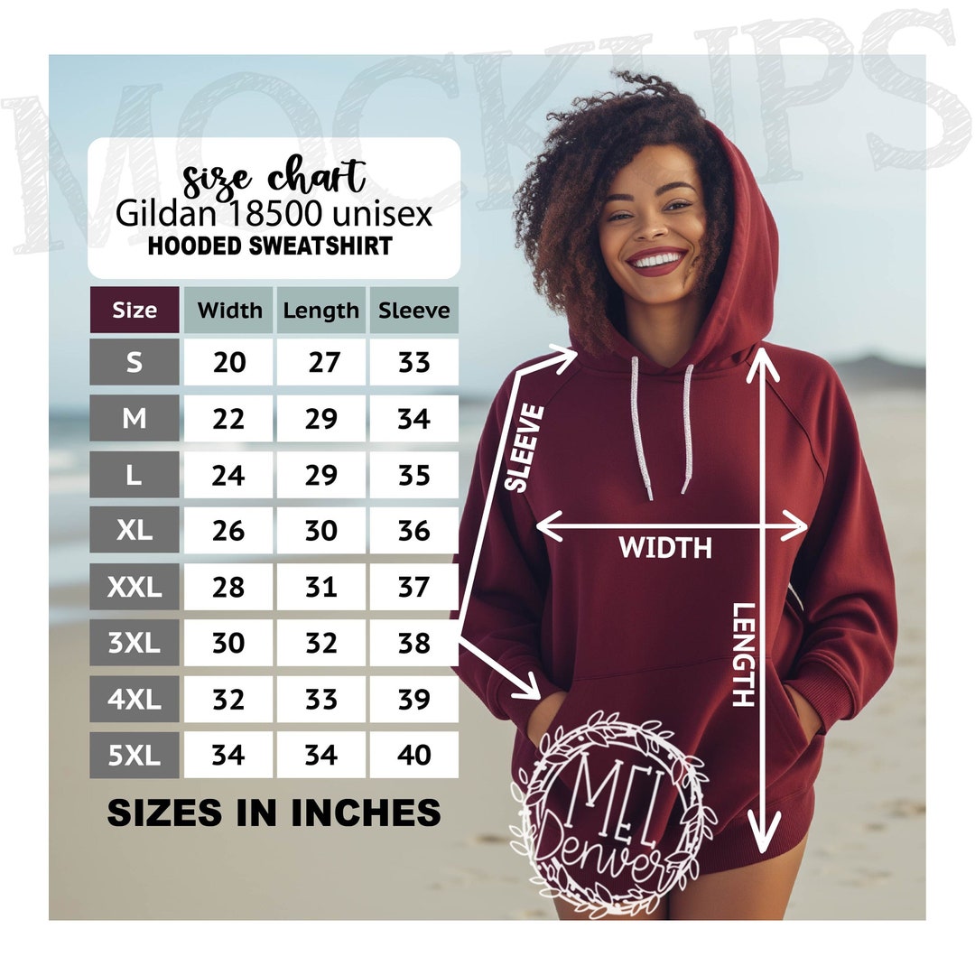 Women's Gildan 18500 Hooded Sweatshirt Size Chart, Beach , Women's ...