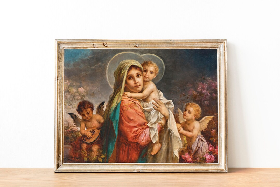 Madonna and Child With Cherubs Oil Painting, Catholic Art, Virgin Mary ...