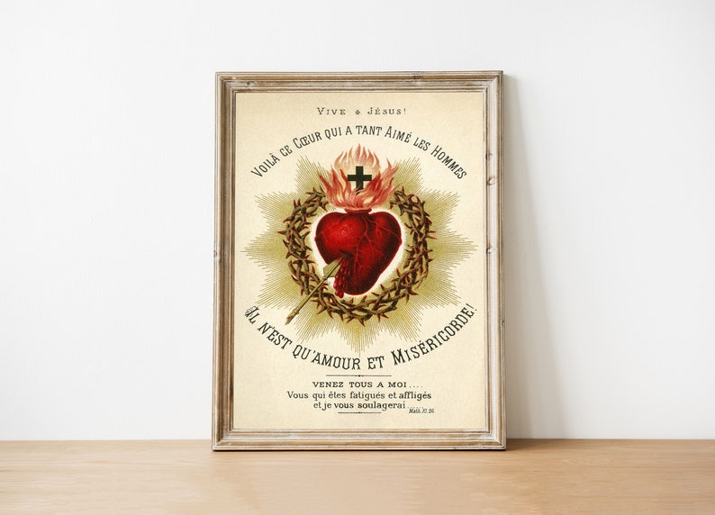 French Sacred Heart Print, Vintage Sacred Heart Printable, Catholic Art ...