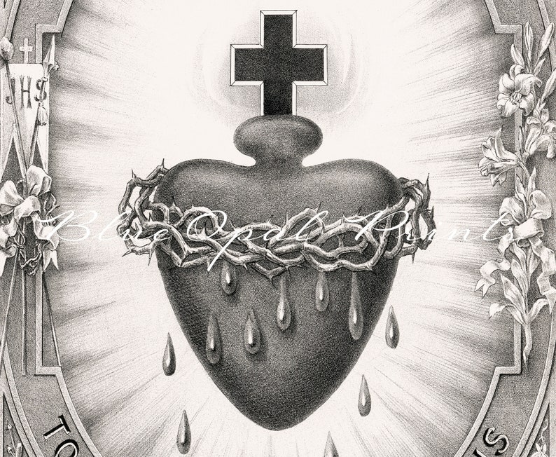 Vintage Black and White Sacred Heart Print, Catholic Art, Sacred Heart ...