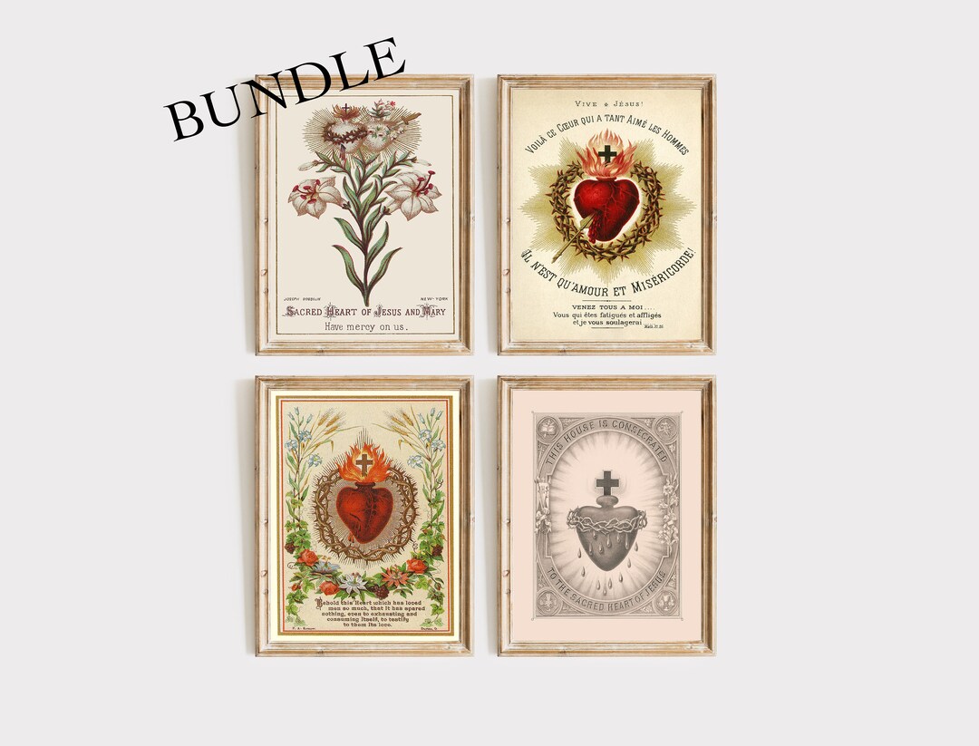 Vintage Sacred Heart Prints Set of 4, Catholic Art, Sacred Heart of ...