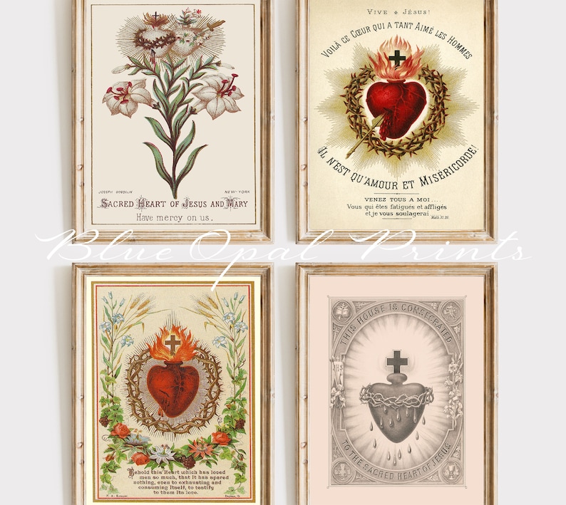 Vintage Sacred Heart Prints Set of 4, Catholic Art, Sacred Heart of ...
