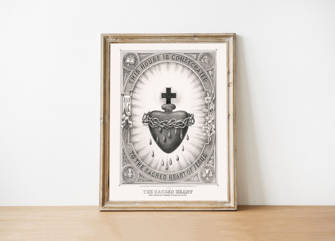 Vintage Black and White Sacred Heart Print, Catholic Art, Sacred Heart ...