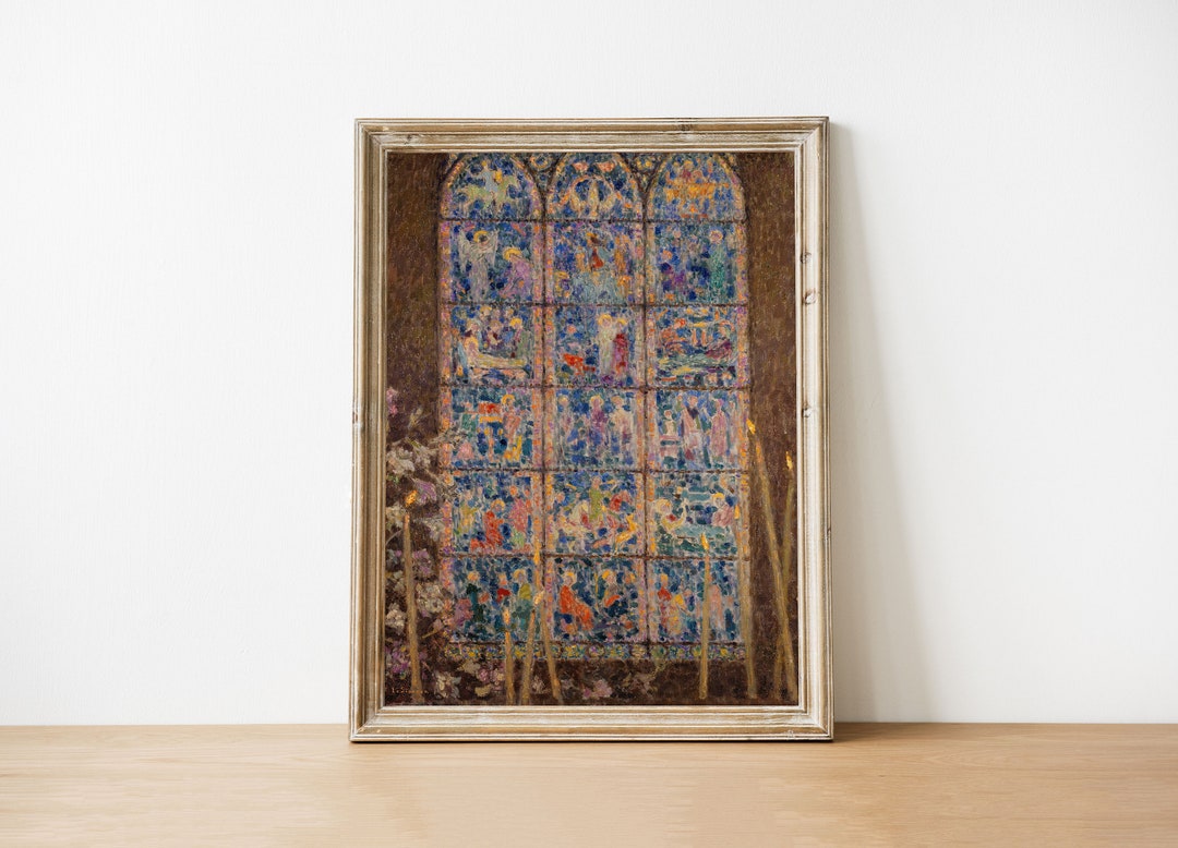 Church Stained Glass Window Oil Painting: Catholic Wall Art, Antique ...