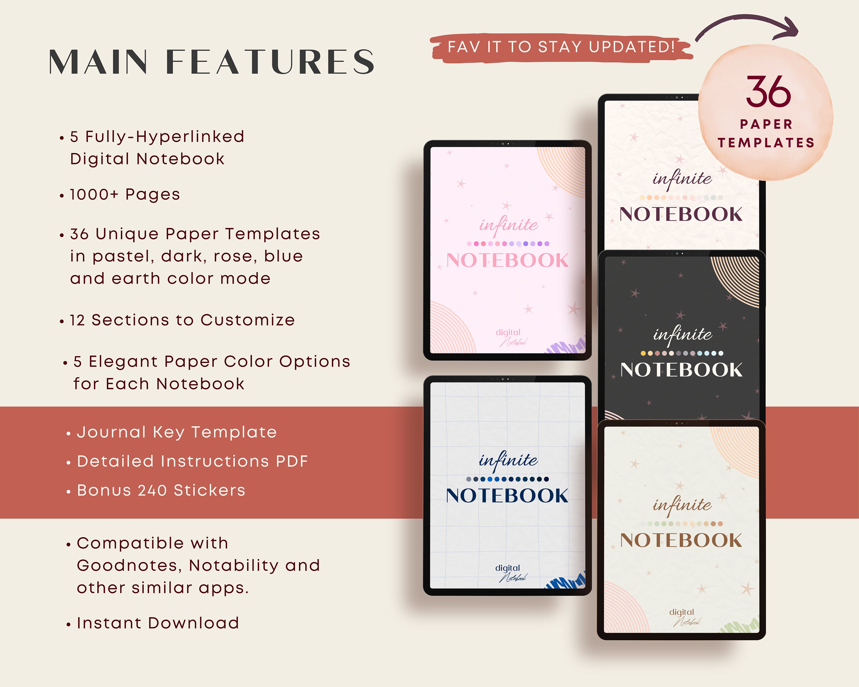 Digital Notebook Bundle, Pastel, Dark, Rose Bloom, Blue & Neutral Color ...