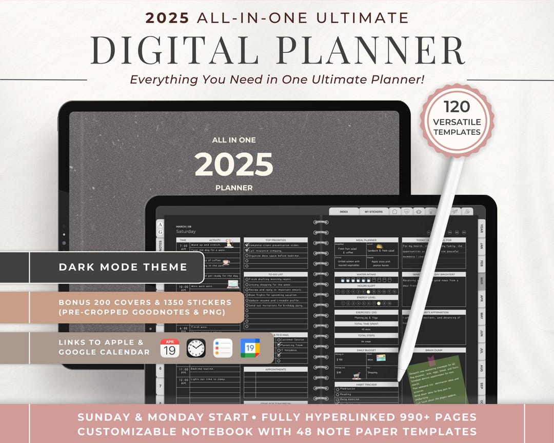 Dark Mode 2025 Digital Planner, 2025 Digital Journal, All-in-one ...