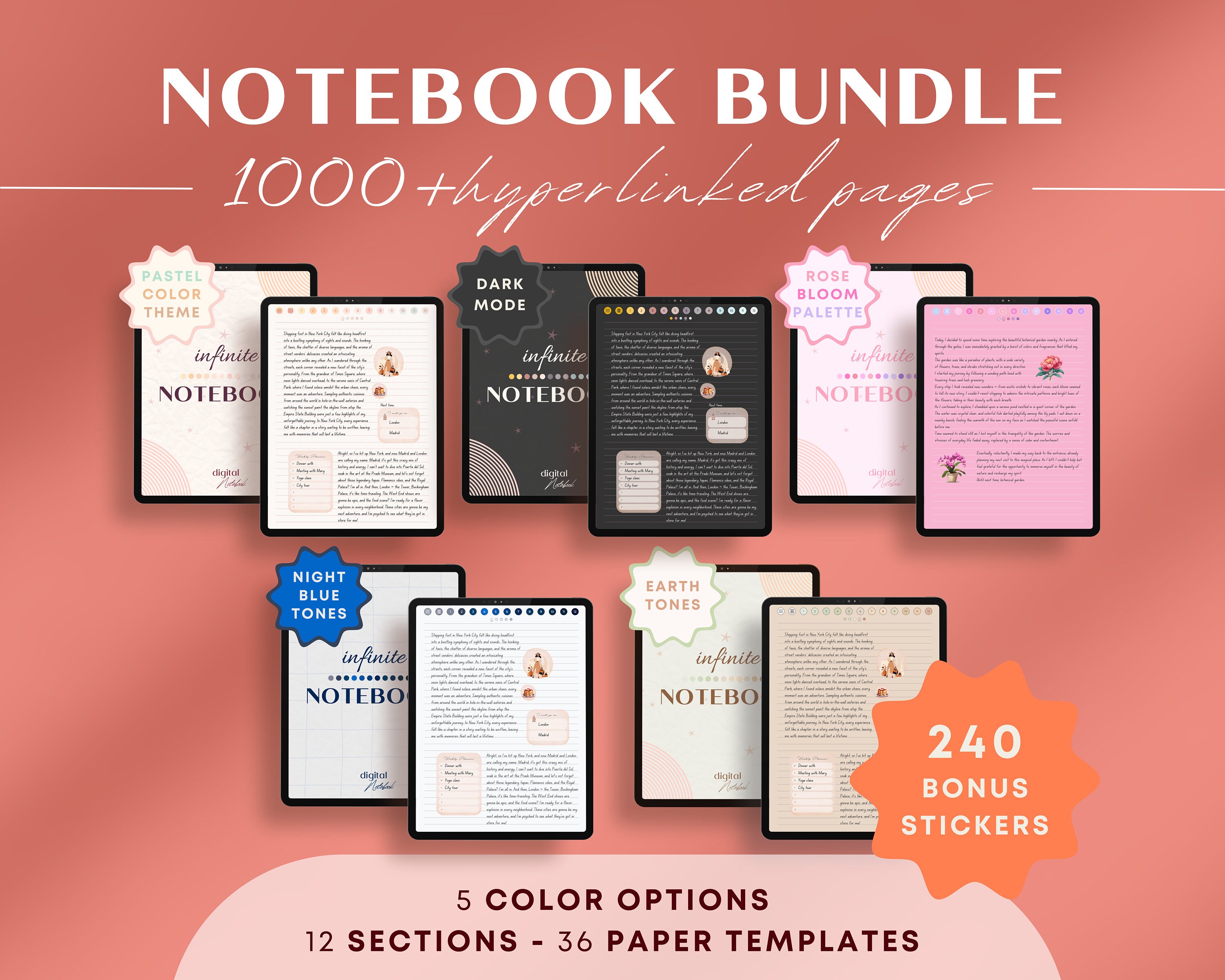 Digital Notebook Bundle, Pastel, Dark, Rose Bloom, Blue & Neutral Color ...