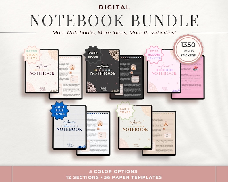 Hyperlinked Digital Notebook Bundle: 5 Color Themes, 36 Paper Styles ...