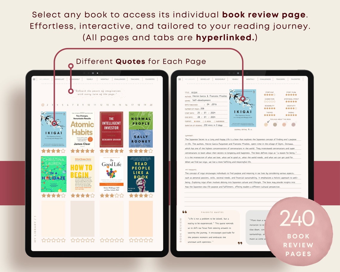 Reading Journal Hyperlinked Pages 240 Books 60 Series Capacity Digital ...