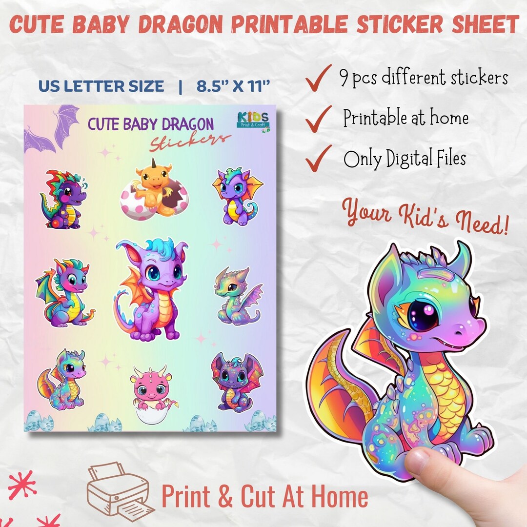 Cute Dragon Kids Printable Stickers, Baby Dragon Sticker Sheet ...