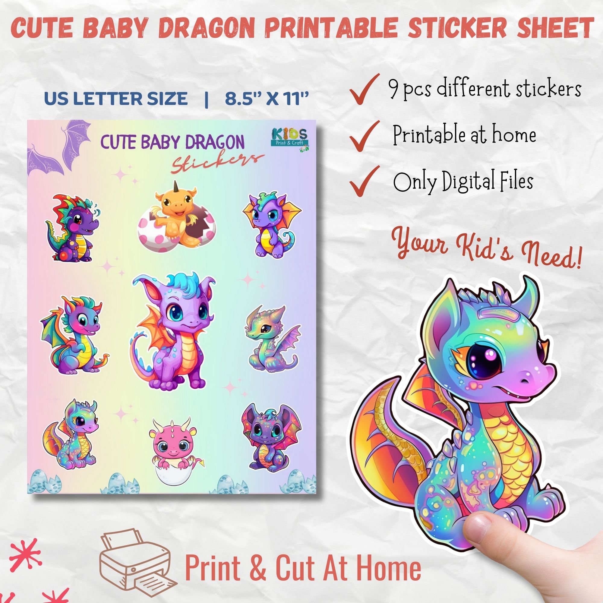 Cute Dragon Kids Printable Stickers, Baby Dragon Sticker Sheet ...