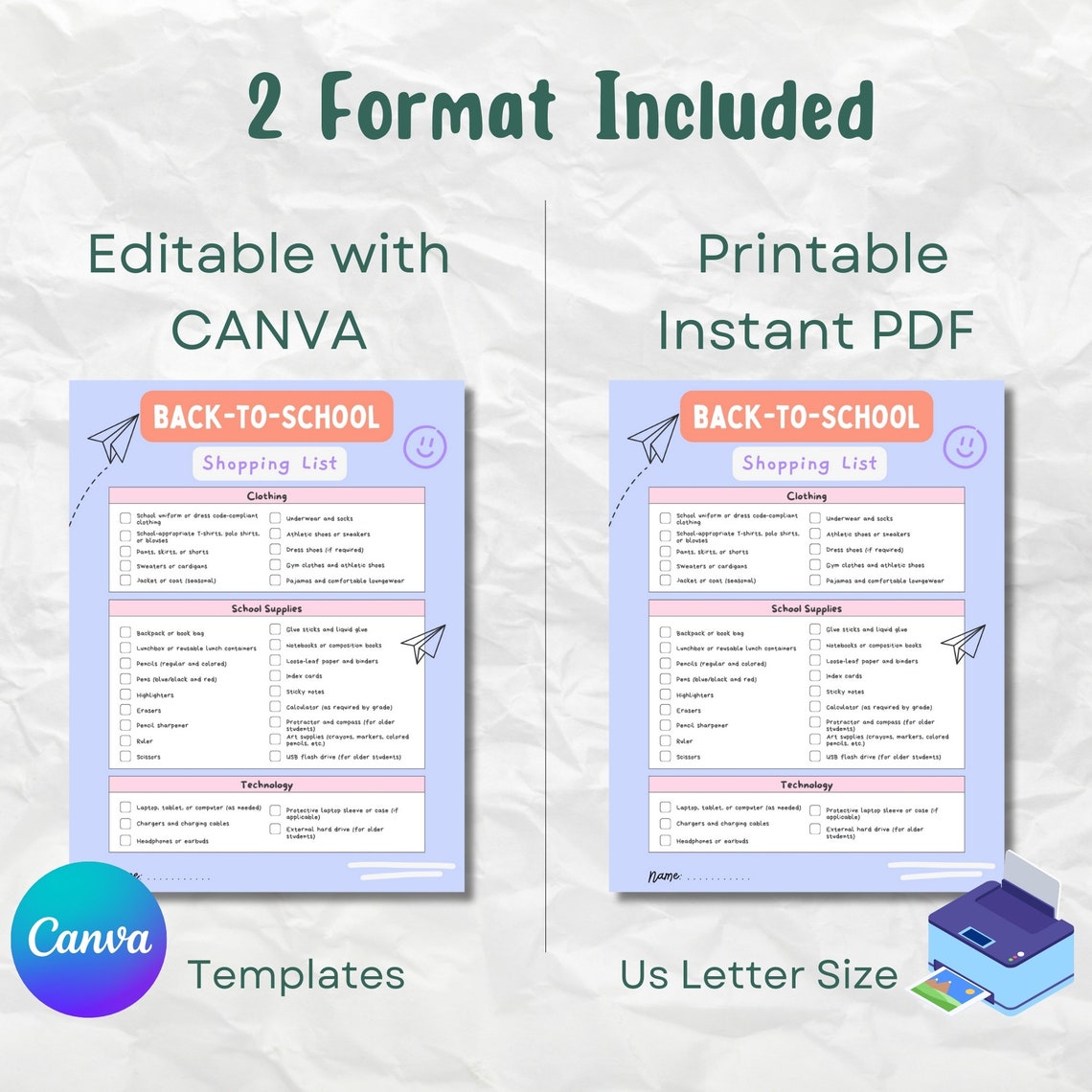 Back to School Shopping List Template, School Supply List Printable ...