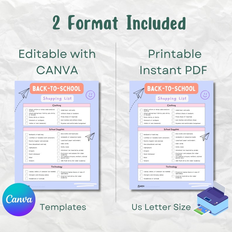 Back to School Shopping List Template, School Supply List Printable ...
