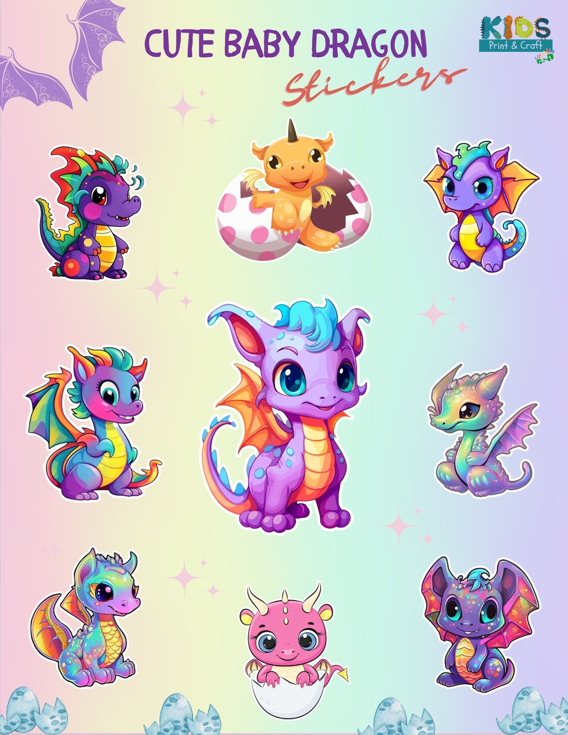 Cute Dragon Kids Printable Stickers, Baby Dragon Sticker Sheet ...