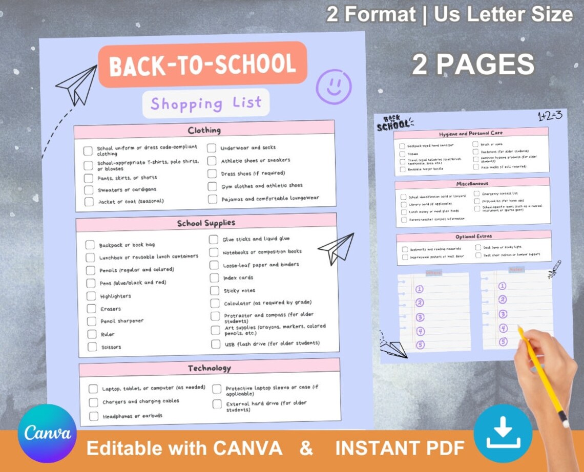 Back to School Shopping List Template, School Supply List Printable ...