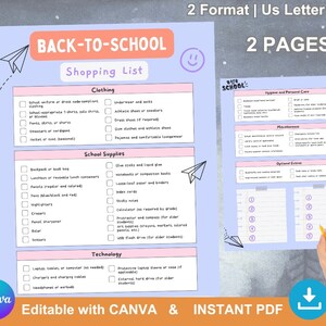 Back to School Shopping List Template, School Supply List Printable ...
