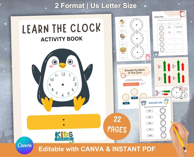 Learning Time Clock Instant Printable and Canva Templates, Telling Time ...