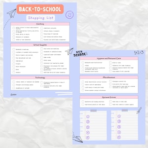 Back to School Shopping List Template, School Supply List Printable Bundle, School Checklist ...