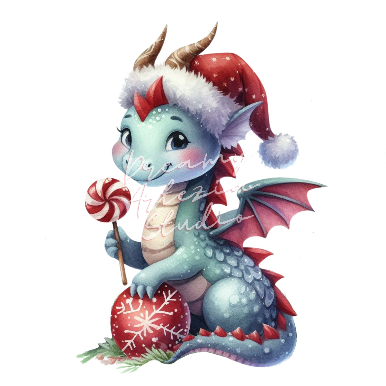 Watercolor Christmas Dragon Cute Clipart PNG Set, 20 Christmas Clipart ...