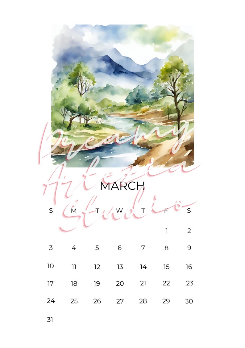 Printable Monthly Calendar 2024 With Watercolor Nature Landscapes ...