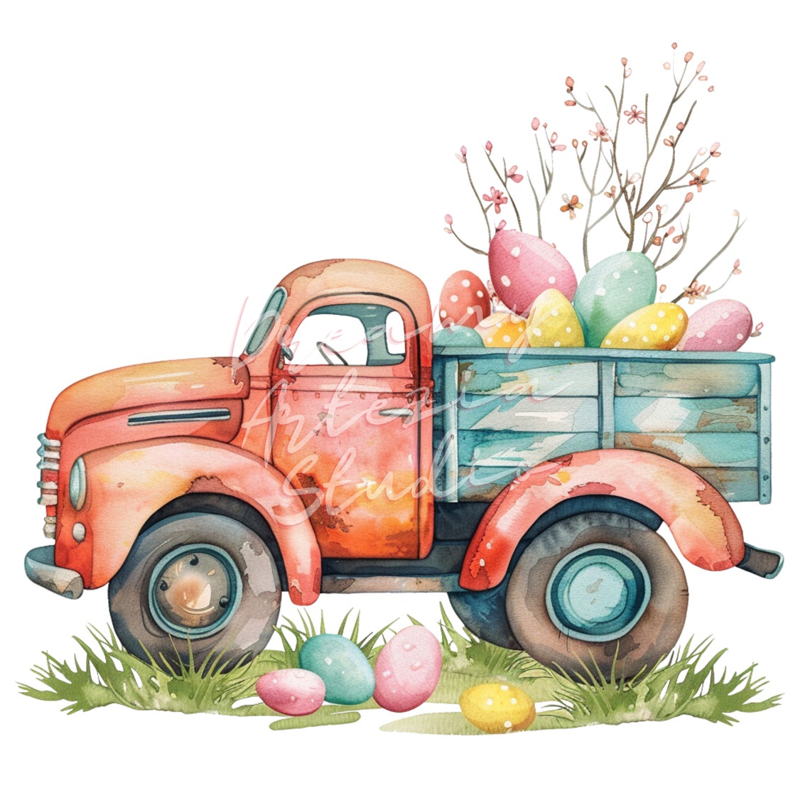 Vintage Easter Truck Clipart Bundle 18 PNG Illustrations High ...