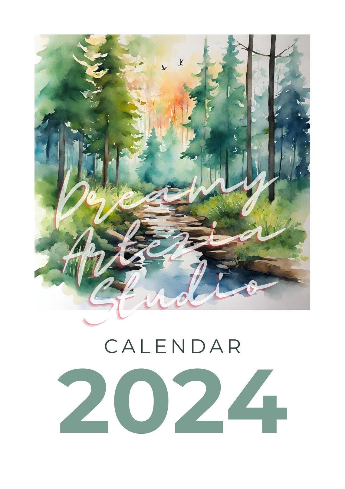 Printable Monthly Calendar 2024 With Watercolor Nature Landscapes ...