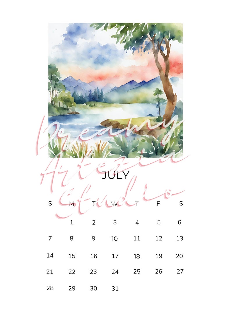 Printable Monthly Calendar 2024 With Watercolor Nature Landscapes ...