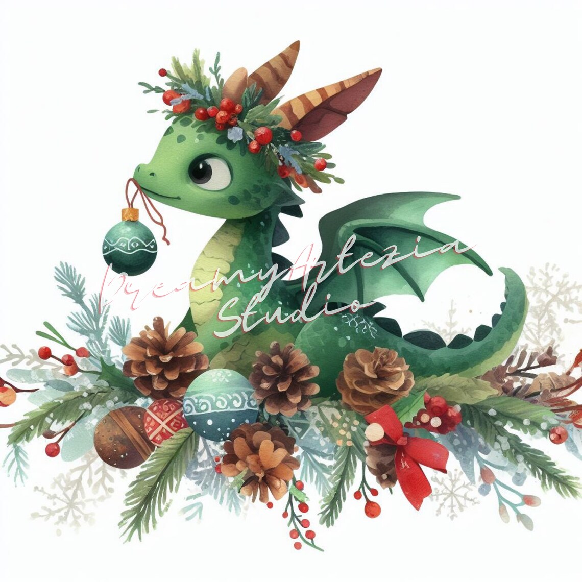Christmas Clipart Bundle, Dragon Clipart, Watercolor Illustrations for ...